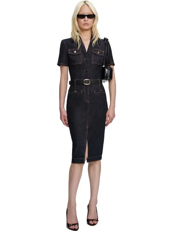 SELF-PORTRAIT Stretch Midi Dress With Removable Belt - Blu
