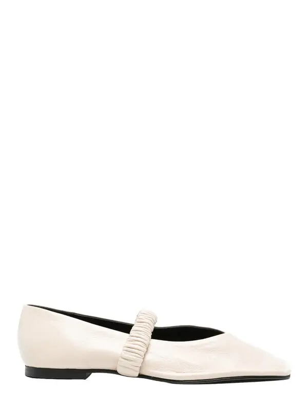 ALOHAS Square Toe Leather Flat Shoes With Ruched Front Strap - Bianco