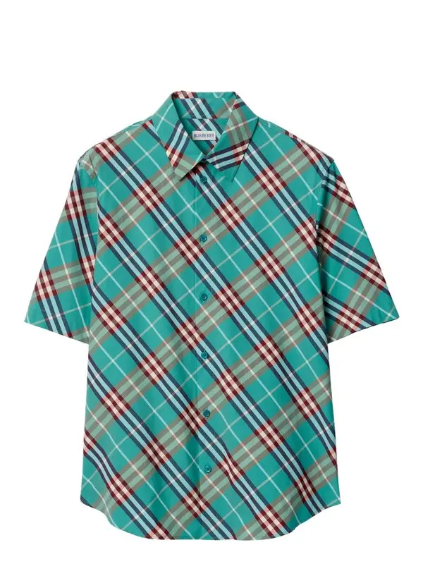 Burberry Button-front Short-sleeve Shirt With Spread Collar And Curved Hem - Azzurro