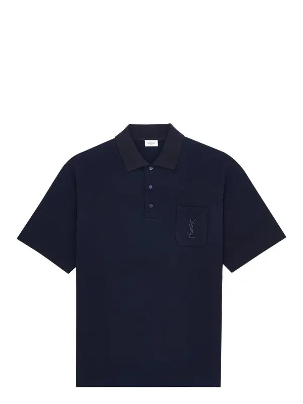 Saint Laurent Short-sleeve Leather Polo Shirt With Half Button Placket And Chest Patch Pocket - Blu