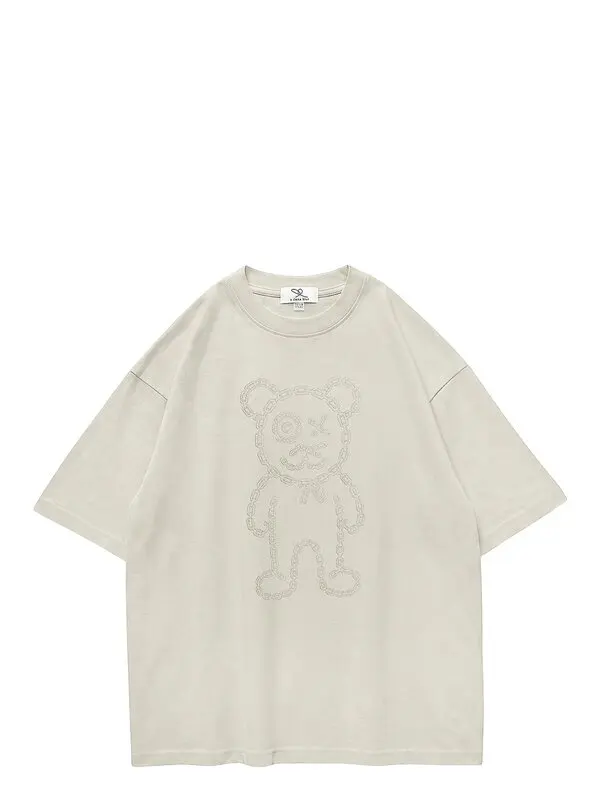 X ILONA BLUE Neutrals Universal Fit Graffiti Daddy Bear Organic Cotton Chain Link Embroidery Tee - Blue