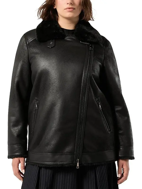 Marina Rinaldi Faux Leather Aviator Jacket - Black