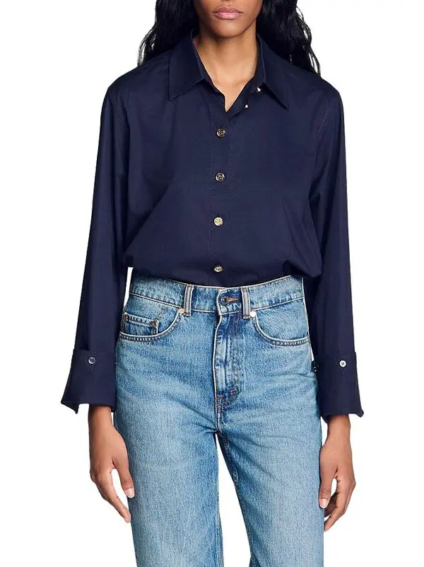 Sandro Wide Cuff Button Front Shirt - Navy Blue