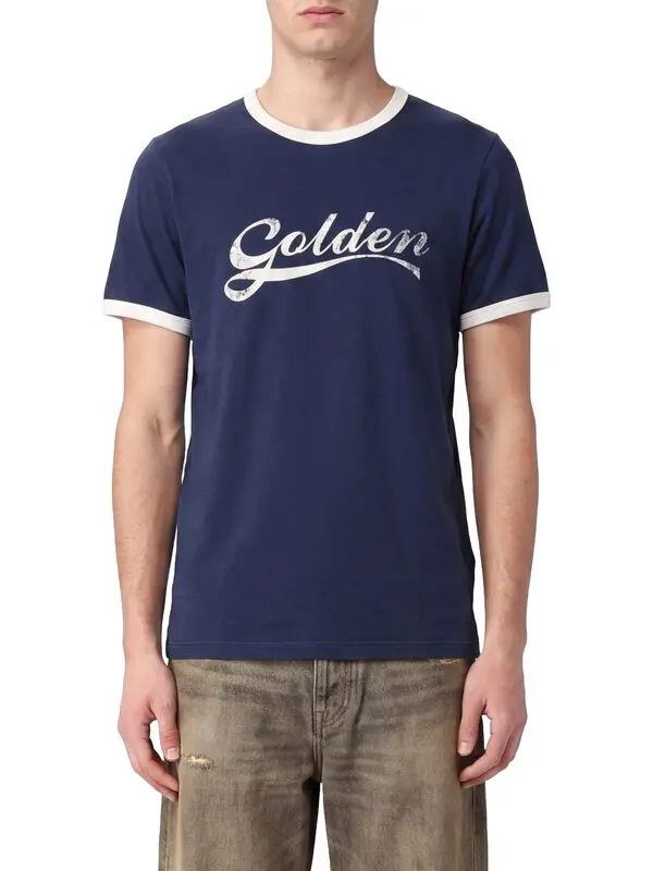 GOLDEN GOOSE Slim Fit Cotton T-shirt With Printed Logo And Contrast Trims - Blue