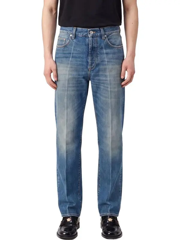 Versace Mid-rise Straight Fit Cotton Denim Jeans With Medusa Logo - Blue