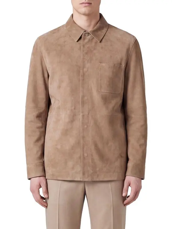 Canali Suede Leather Shirt Jacket With Patch Pockets - Beige