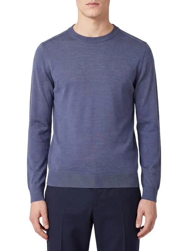 Paul Smith Crewneck Jumper In Pure Merino Wool With Ribbed Trims - Blue