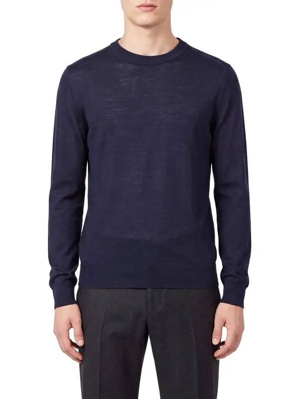 Paul Smith Crewneck Jumper In Pure Merino Wool With Ribbed Trims - Navy