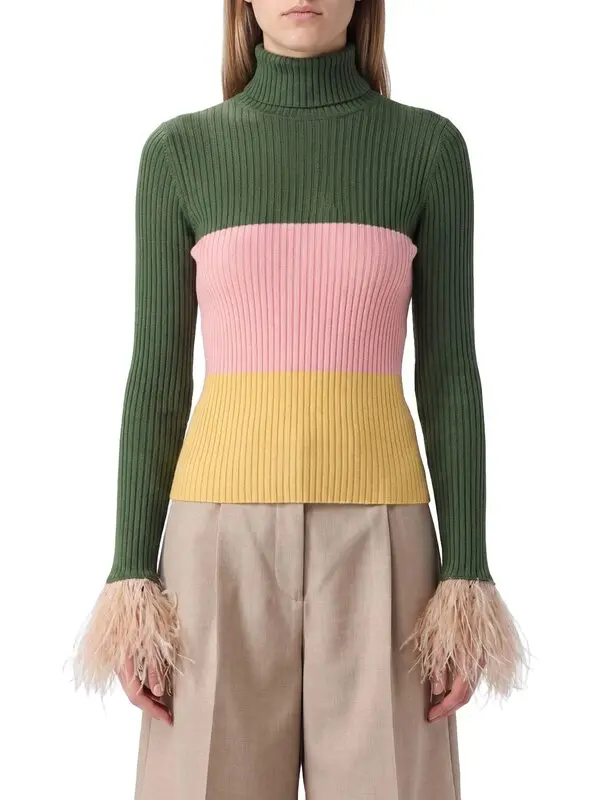 La DoubleJ Turtleneck Knit Top With Feather Cuffs - Multicolor