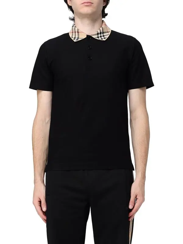 Burberry Slim Fit Cotton Polo Shirt With Check Collar Detail - Black