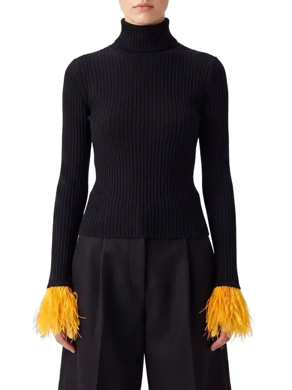 La DoubleJ Ribbed Turtleneck With Feather Cuffs - Black