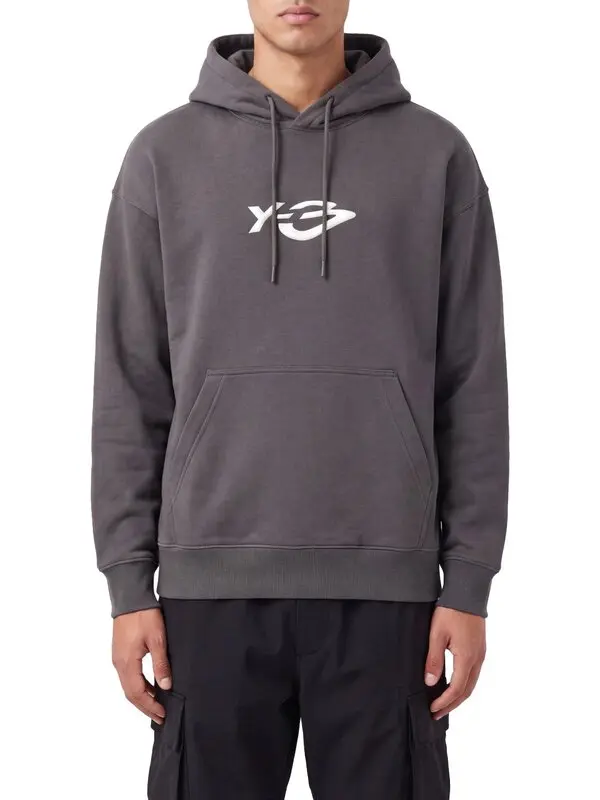 Y3 Relaxed Fit Cotton Hoodie With Contrast Logo - Grey