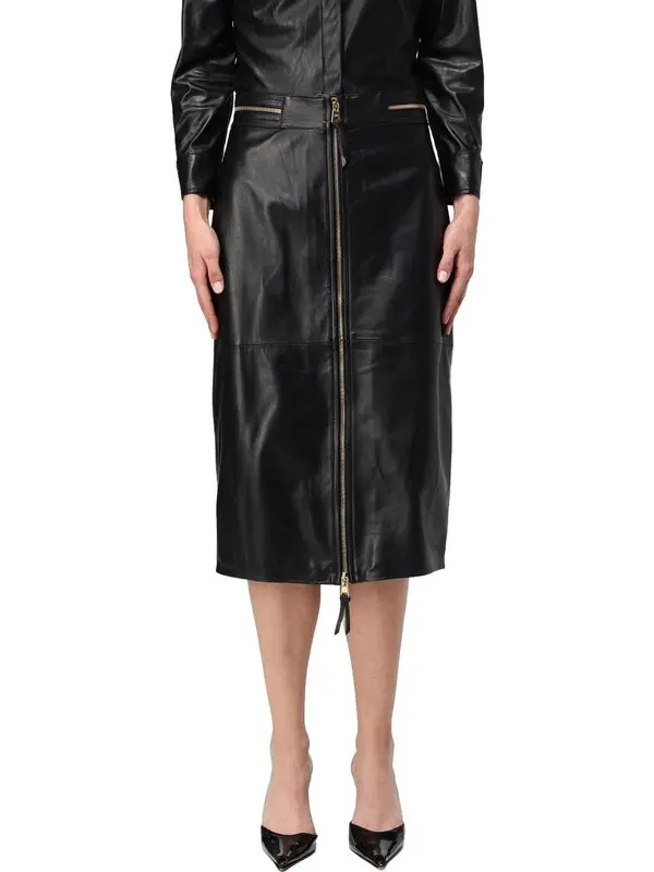 Elisabetta Franchi Leather Midi Skirt With Zip Front - Black