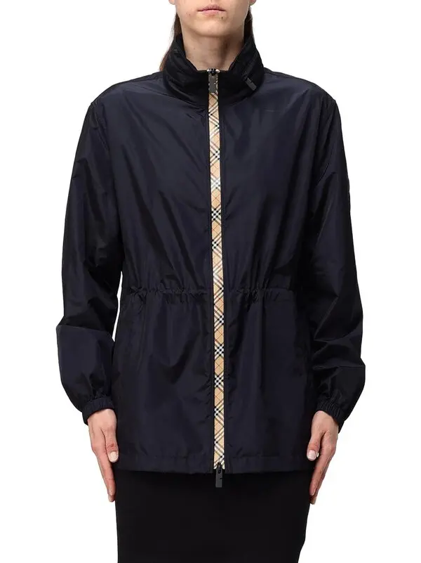 Burberry Zip-up Jacket With Checked Trim - Navy