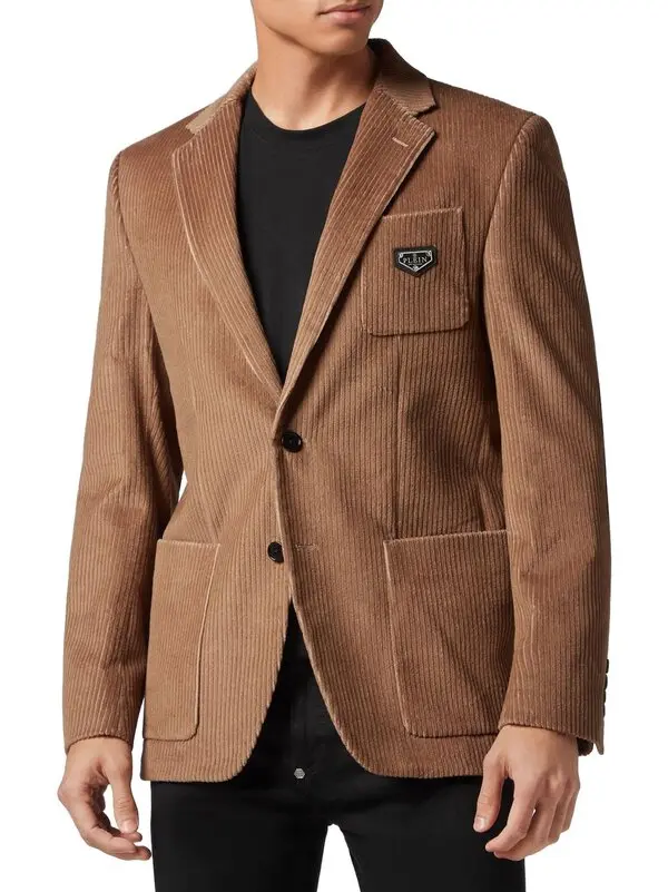 Philipp Plein Single-breasted Velvet Blazer With Peak Lapels And Patch Pockets - Beige