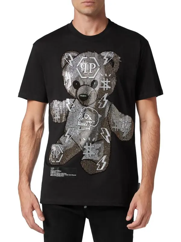 Philipp Plein Cotton T-shirt With Teddy Bear Print, Monogram And Rhinestones - Black