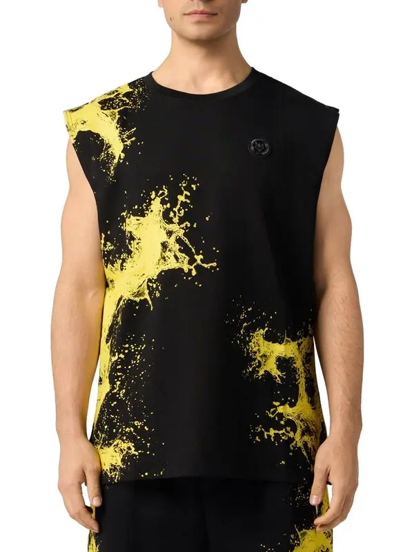PLEIN SPORT Abstract Print Sleeveless Cotton Vest - Black