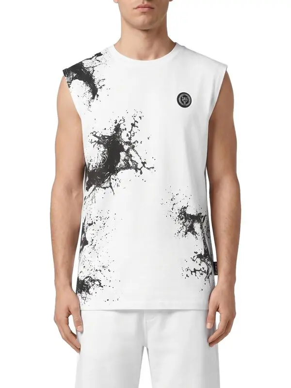 PLEIN SPORT Abstract Print Sleeveless Cotton Vest - White