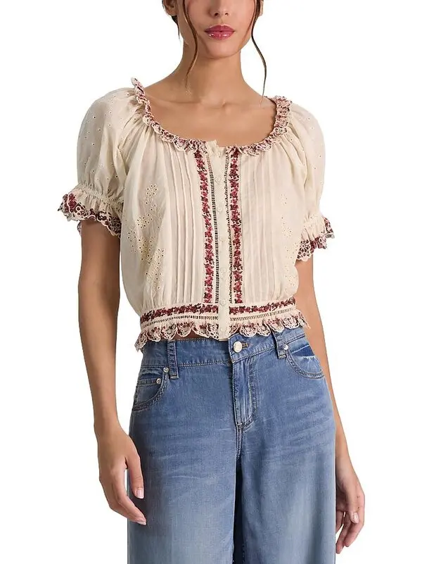 Alice + Olivia Mclaine Embroidered Puff Sleeve Top - Orchard Glow