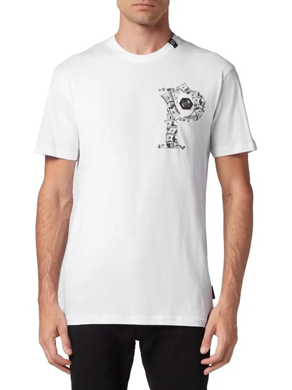 Philipp Plein Slim Fit Cotton T-shirt With Monogram Print And Hexagon Logo - White