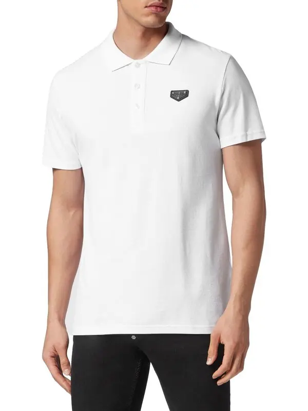 Philipp Plein Slim Fit Cotton Polo Shirt With Hexagon Logo And Ribbed Collar - White