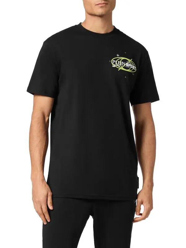 PLEIN SPORT Slim Fit Cotton T-shirt With Contrast Logo And Dropped Shoulders - Black