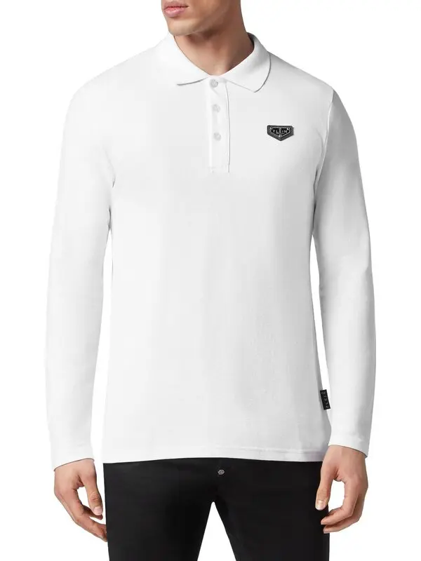 Philipp Plein Slim Fit Long-sleeved Cotton Polo Shirt With Applied Logo - White