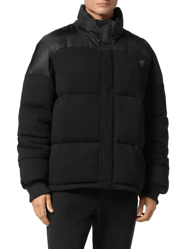 PLEIN SPORT Short Quilted Puffer Jacket In Nylon With High Neck And Hexagon Logo - Black