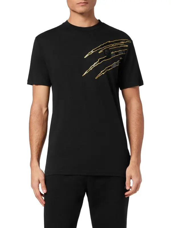 PLEIN SPORT Slim Fit Cotton T-shirt With Graphic Print And Dropped Shoulders - Black
