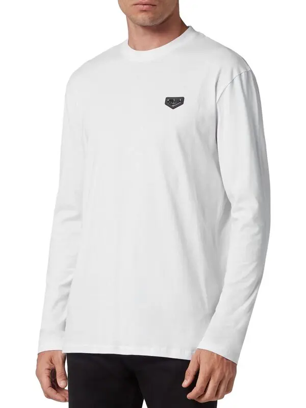 Philipp Plein Long-sleeved Cotton T-shirt With Applied Logo Patch - White