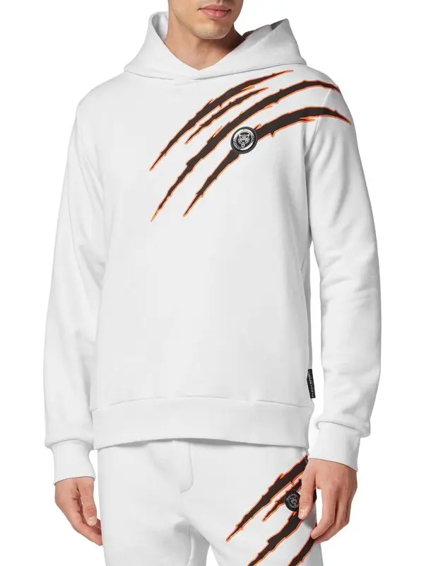 PLEIN SPORT Cotton Hoodie With Graphic Print And Hexagon Logo - White