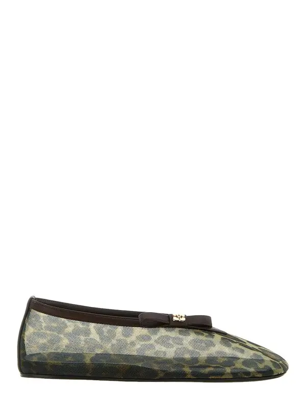 GANNI Jenny Animalier Print Mesh Nylon Ballerina Flats With Bow - Beige