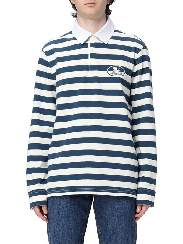 Burberry Striped Cotton Long-sleeve Polo Shirt With Ekd Logo - Blue