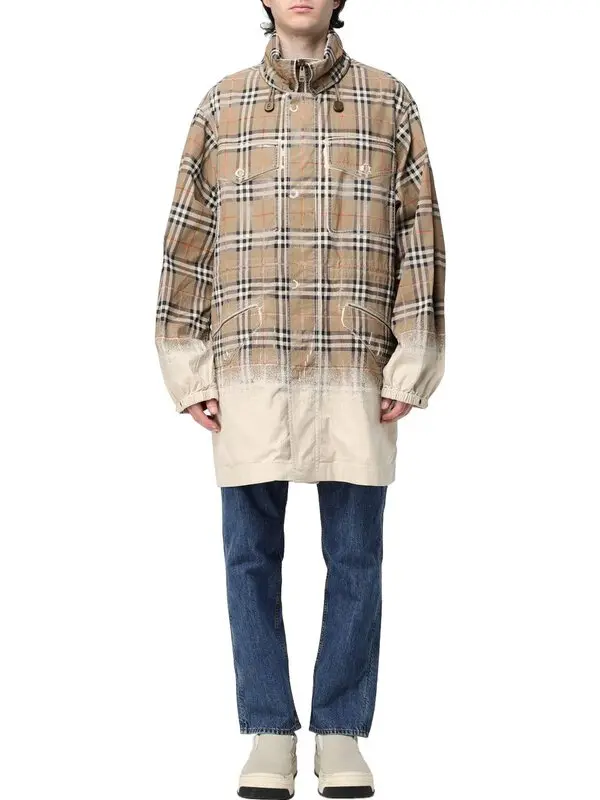 Burberry Knee-length Cotton Gabardine Parka With Check Details - Dove Grey