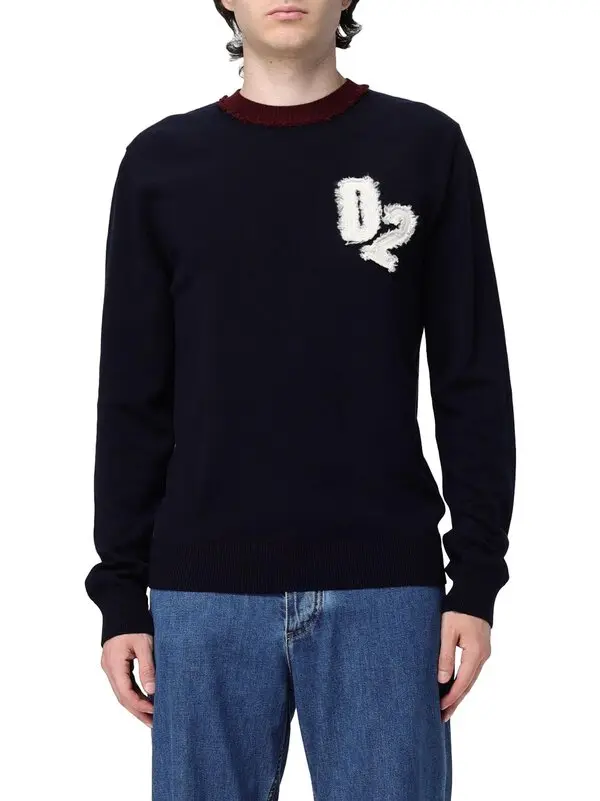Dsquared2 Crewneck Jumper In Pure Virgin Wool With Contrast Monogram - Navy