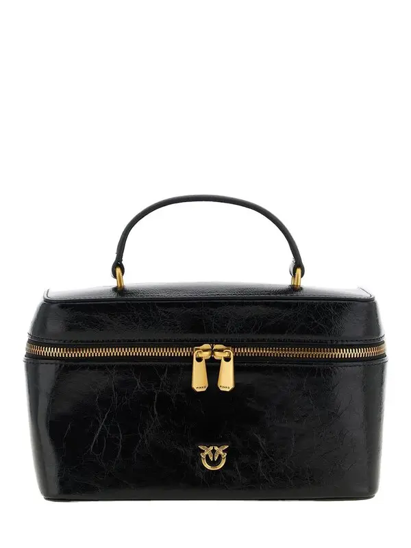 Pinko Vanity Mini Calfskin Leather Case With Logo And Removable Strap - Black
