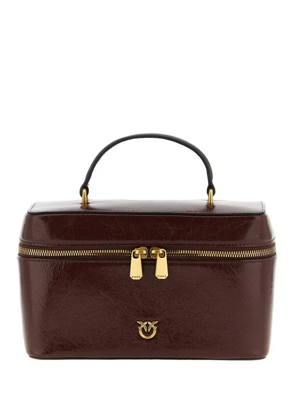 Pinko Vanity Mini Calfskin Leather Case With Logo And Removable Strap - Brown