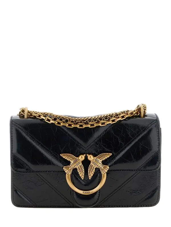 Pinko Love Mini Bag In Calfskin Leather With Chevron Motif - Black