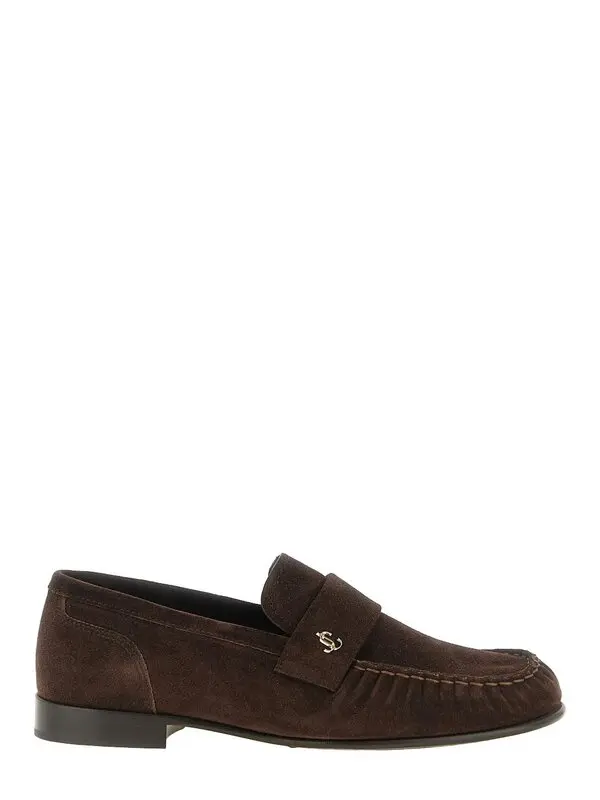 JIMMY CHOO Ellis Suede Loafers With Metallic Monogram Hardware - Brown