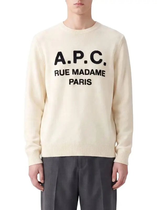 A.p.c. Crewneck Virgin Wool Sweater With Contrast Logo Lettering - Ecru
