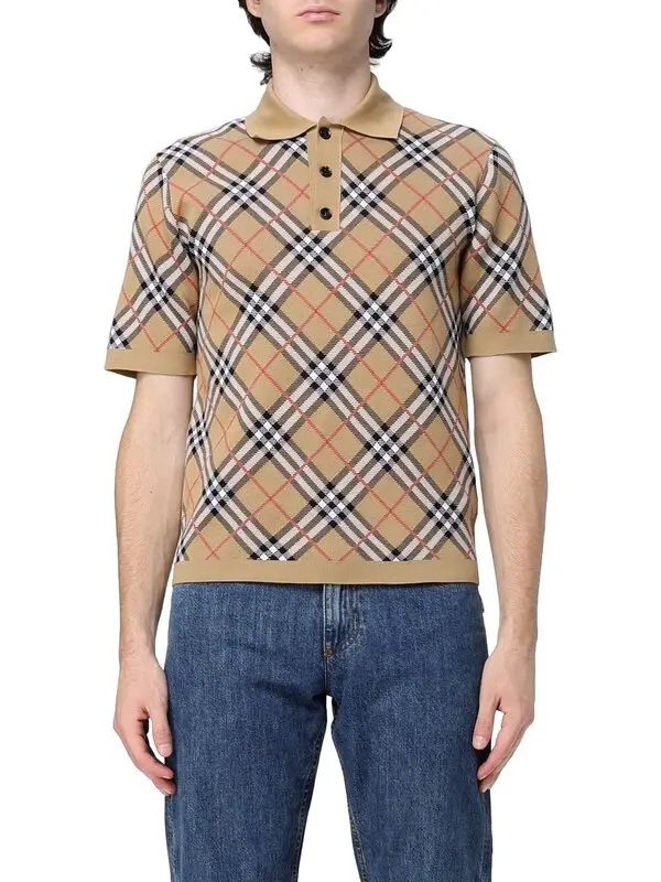 Burberry Check Pattern Knitted Cotton Polo With Ribbed Collar - Sand