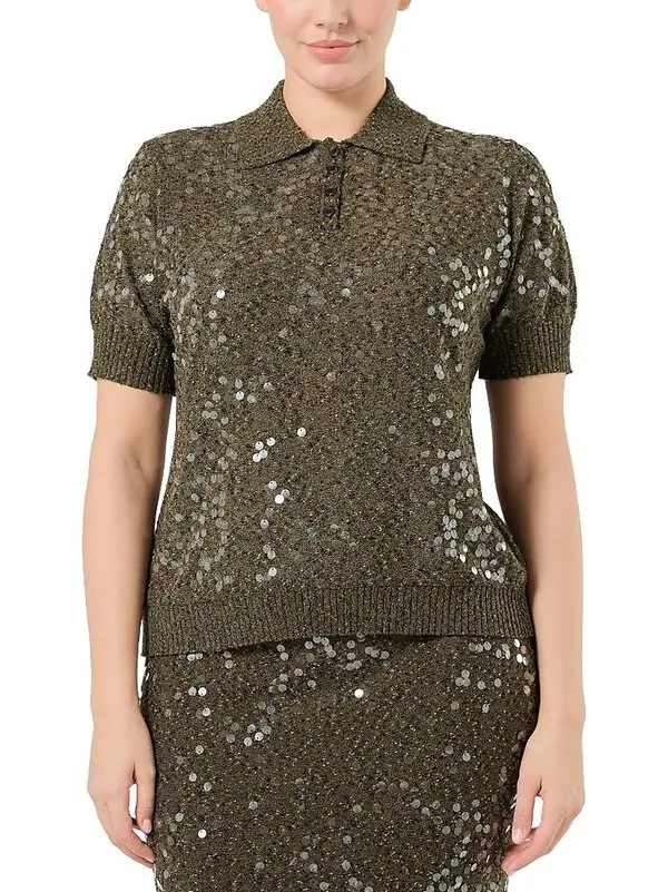 Marina Rinaldi Sequined Polo Top - Kaki
