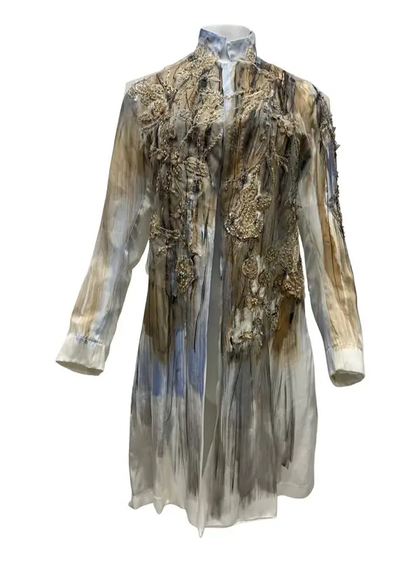 SANIYA KHAN Hand-painted Silk Charmeuse Jacket With Lace Appliqu - Blue