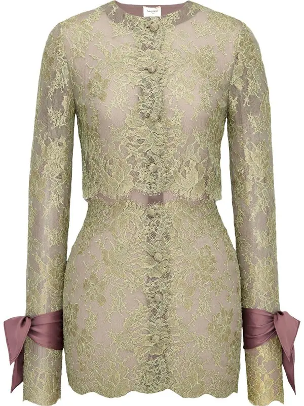 Saint Laurent Mini Dress With Lace And Bow Tie Cuffs - Nude