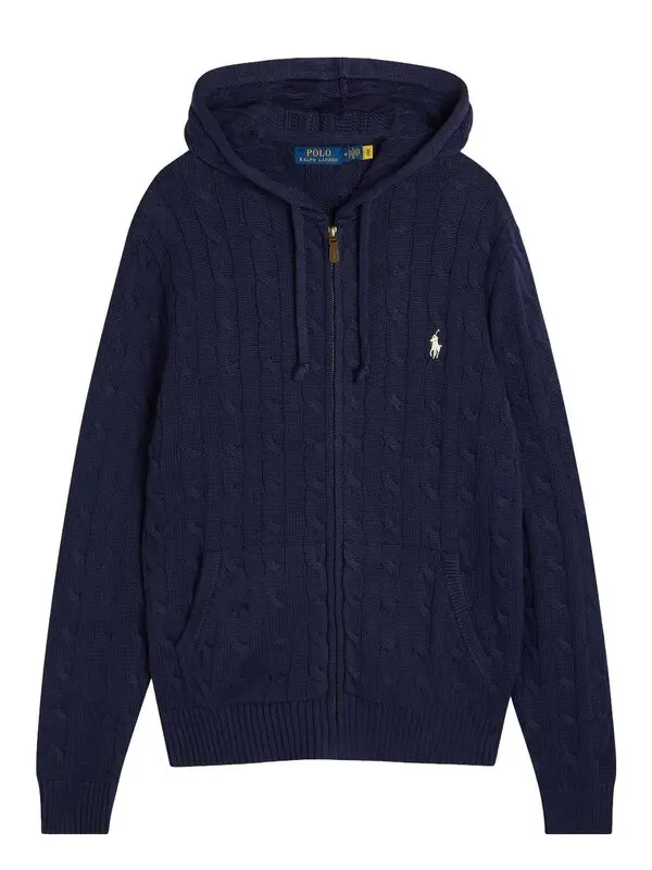 Polo Ralph Lauren Cable-knit Cotton Zip-up Hoodie With Embroidered Crest - Navy