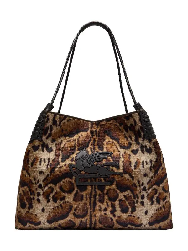 Etro Large Leopard Print Velvet Tote - Khaki