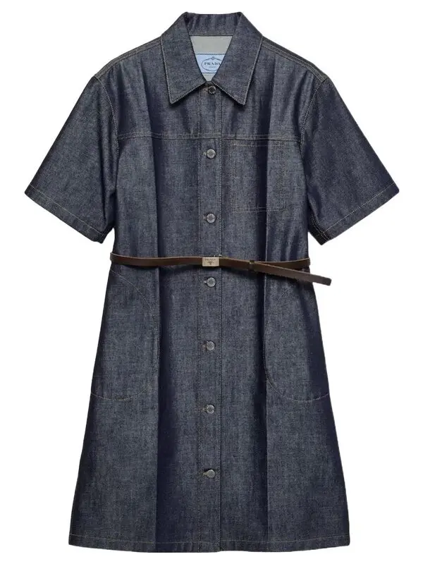 Prada Belted Denim Shirt Dress - Blue