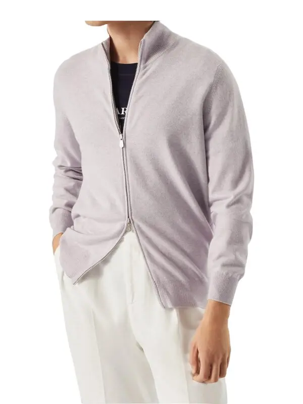 Brunello Cucinelli Cashmere Zip-up Cardigan With High Collar - Lavender