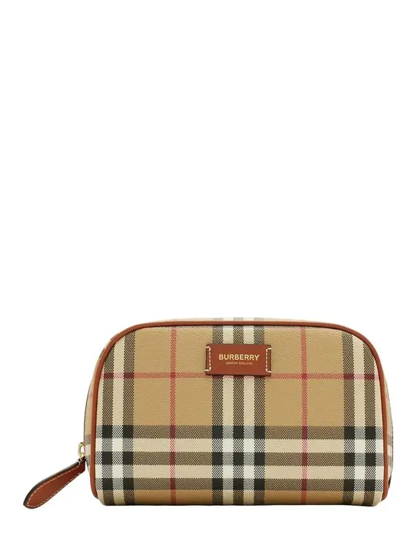 Burberry Checked Logo Patch Zipped Clutch Bag - Beige