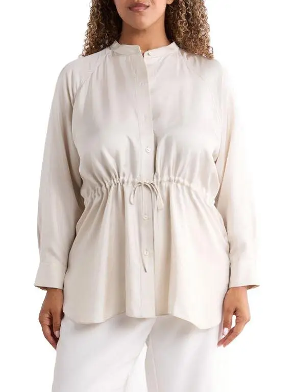 Eileen Fisher Silk Mandarin Collar Shirt With Drawstring Waist - Plstr